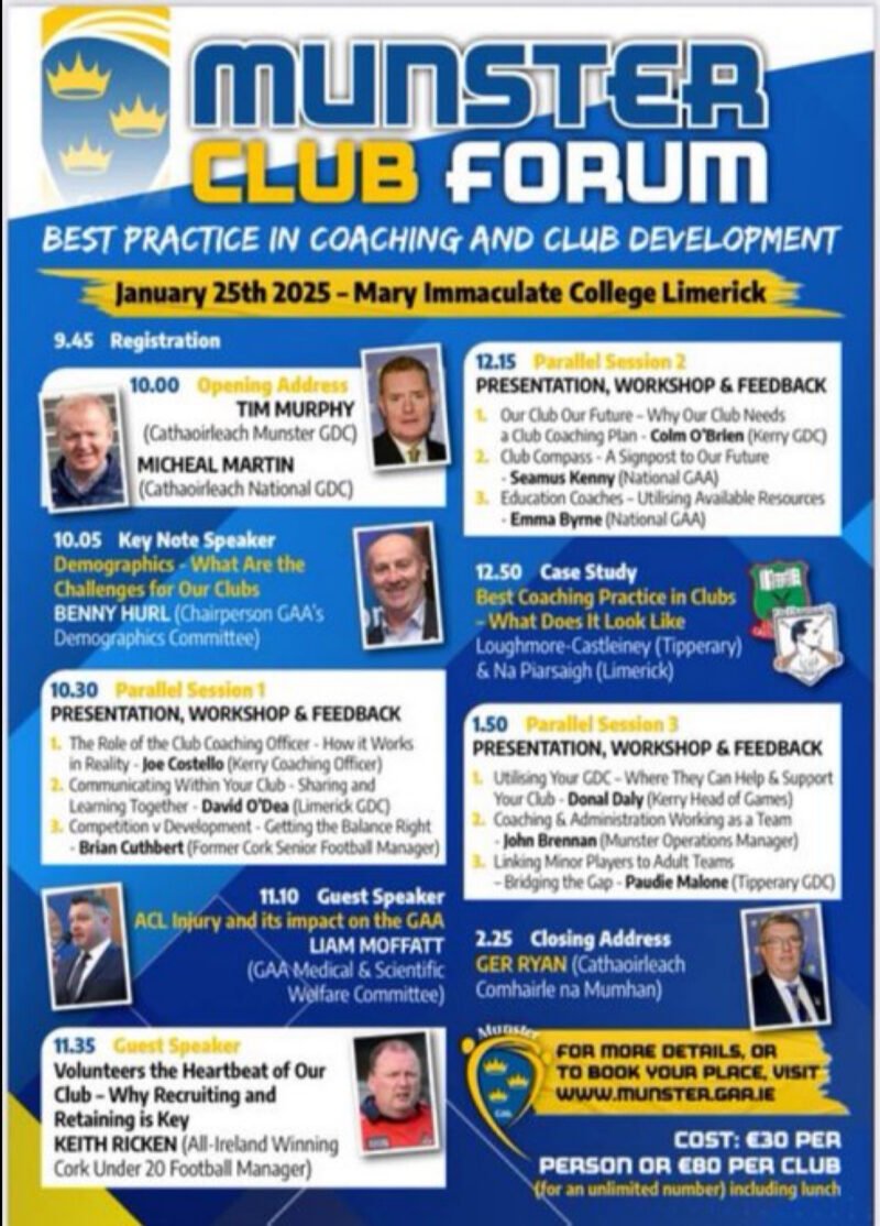 The 2025 Munster GAA Club Forum will take place on Saturday January ...